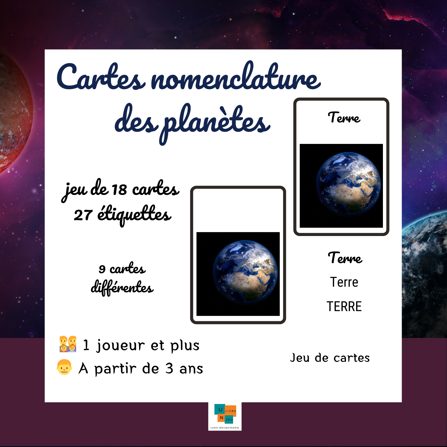 Cartes nomenclature des planètes - Un livre Un jeu